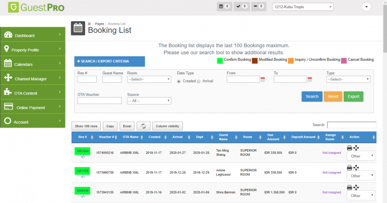 Channel Manager – Booking List – GuestPro Knowledge Base